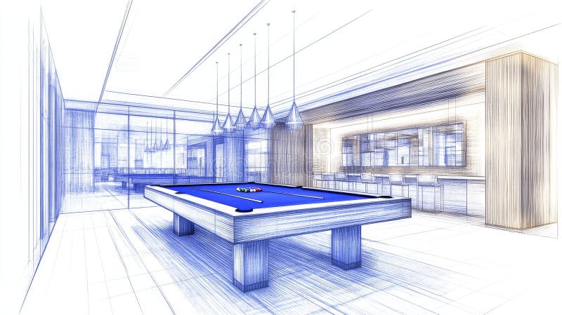 Drawing of a Contemporary Game Room Featuring a Pool Table Stock Photo ...