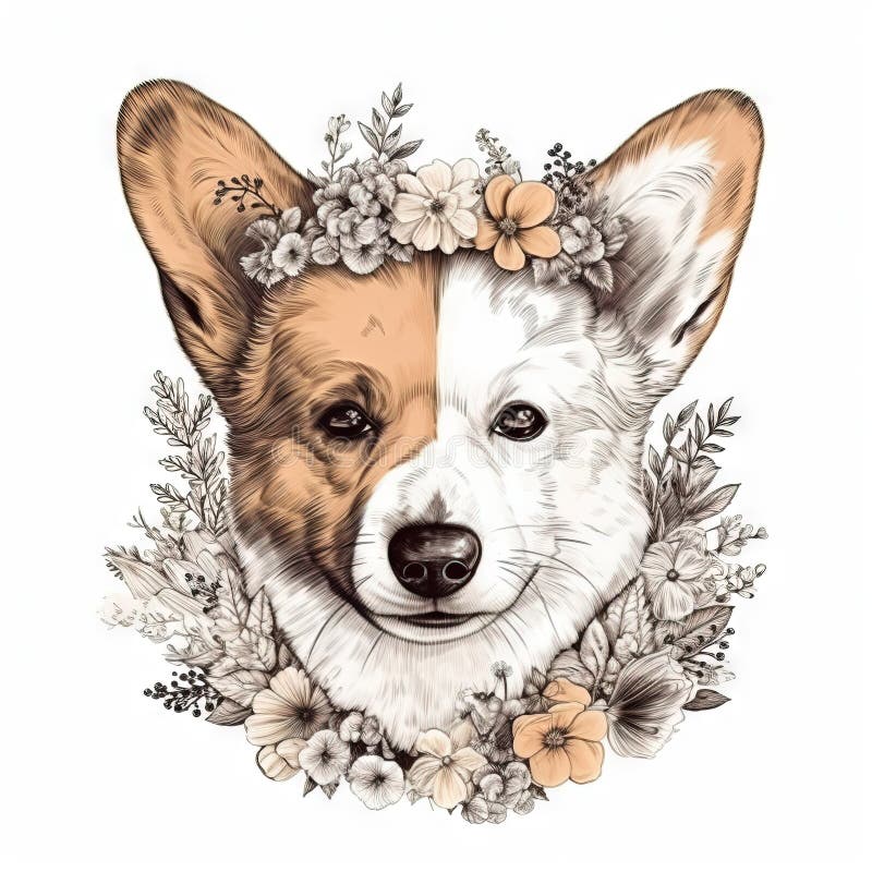 A Drawing of a Corgi with Flowers Around Its Neck Stock Illustration ...