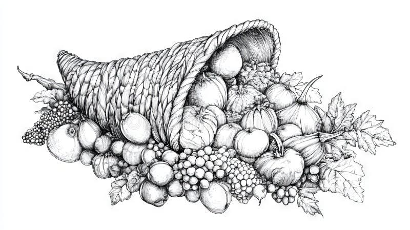 A Drawing of a Cornucopia Filled with Fruits and Vegetables Stock ...