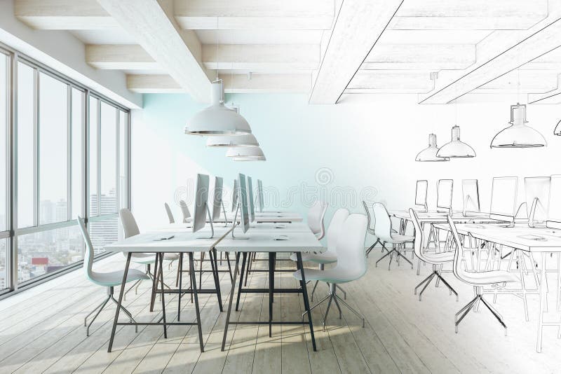 Drawing Coworking Office Interior with Computers Stock Illustration ...