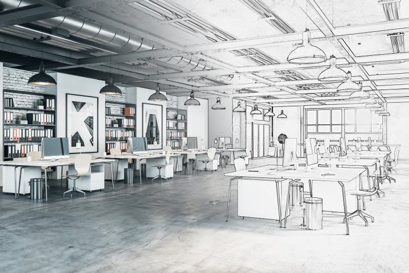 Drawing Coworking Office Interior with Computers Stock Illustration ...