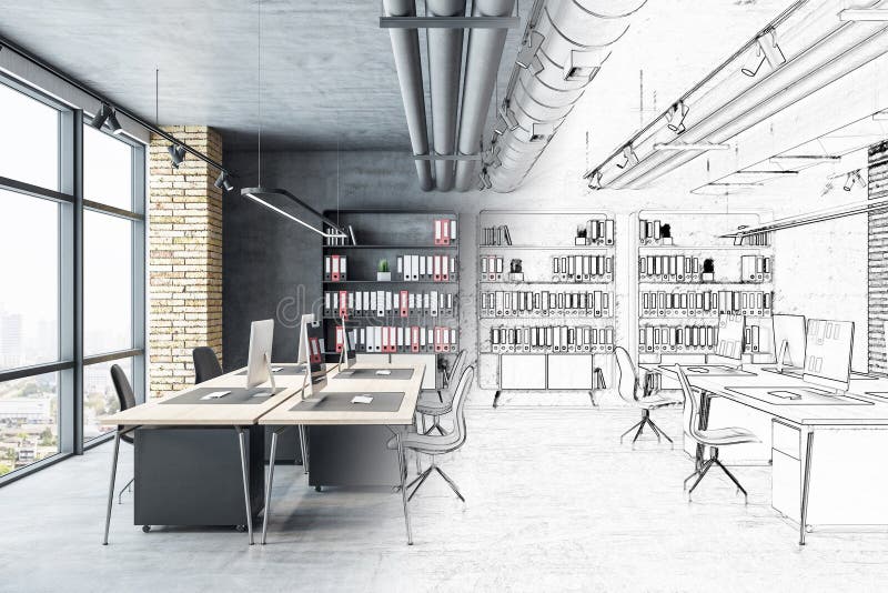 Drawing Coworking Office Interior with Computers Stock Illustration ...