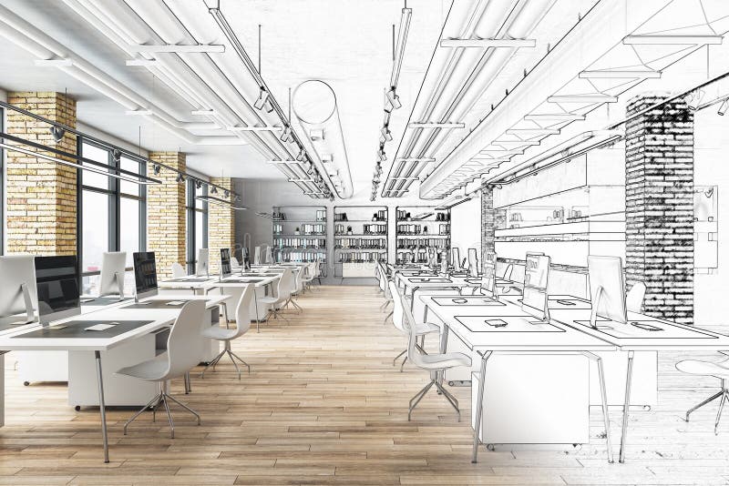 Drawing Coworking Office Interior Stock Illustration - Illustration of ...