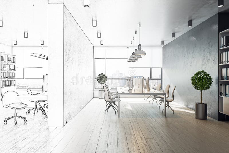 Drawing Coworking Office Interior with Equipment Stock Illustration ...