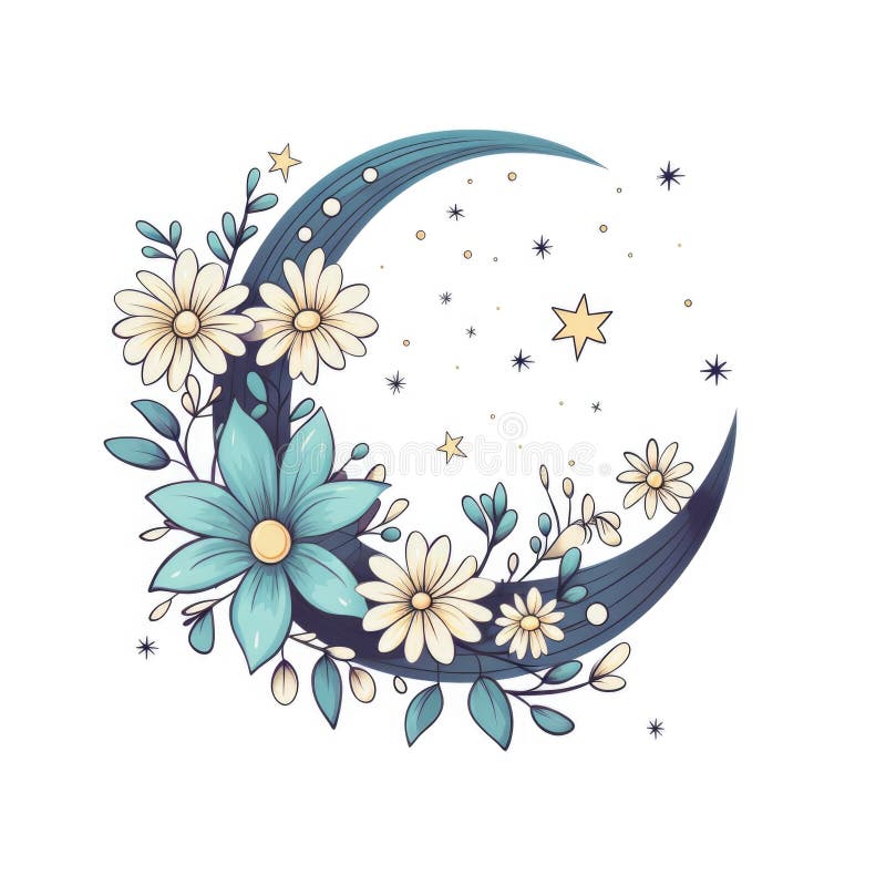 A Drawing of a Crescent with Flowers and Stars Stock Illustration ...