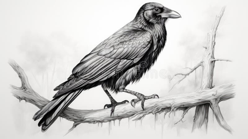 A Drawing of a Crow Sitting on a Branch, AI Stock Image - Image of ...