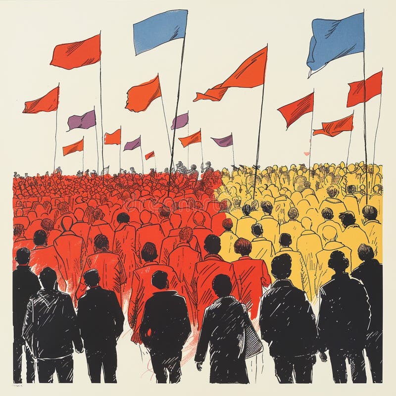A Drawing of a Crowd of People with Flying Flags Stock Illustration ...