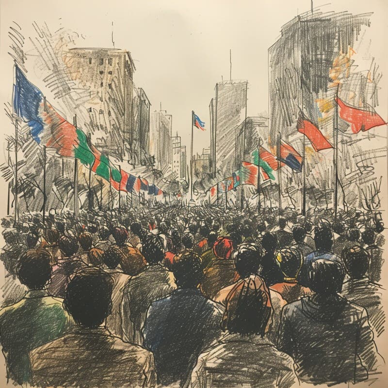 A Drawing of a Crowd of People with Flying Flags Stock Illustration ...
