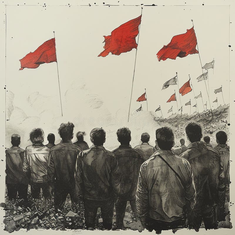 A Drawing of a Crowd of People with Flying Flags Stock Illustration ...