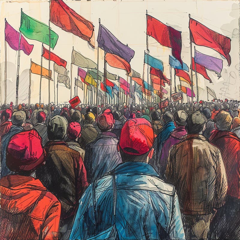 A Drawing of a Crowd of People with Flying Flags Stock Illustration ...