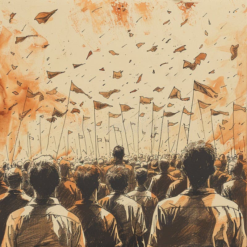 A Drawing of a Crowd of People with Flying Flags Stock Illustration ...