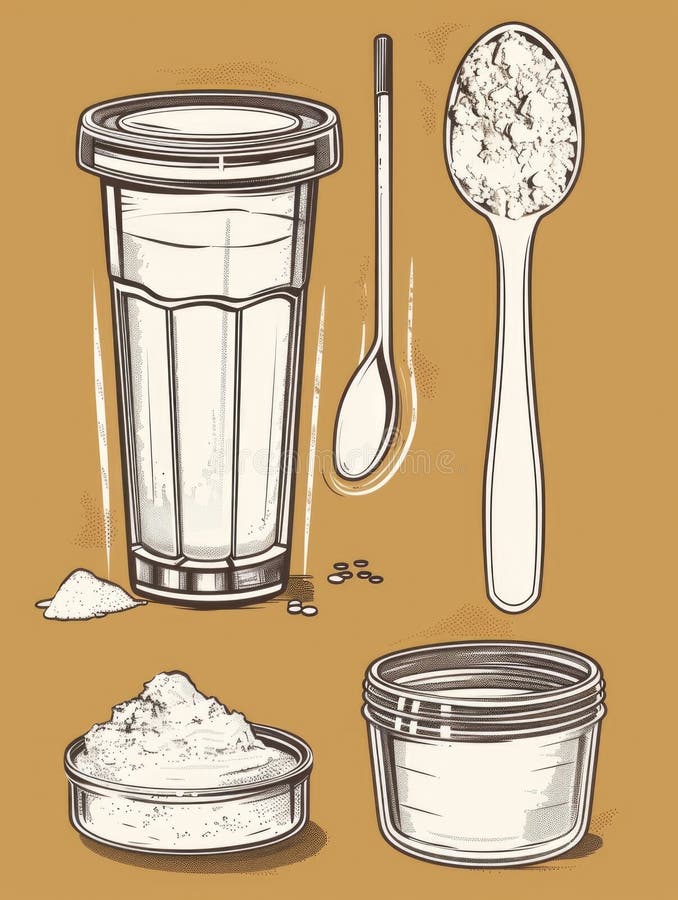 Drawing of a Cup, Spoon, and Jar of Powder Stock Image - Image of scoop ...