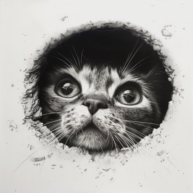 Drawing of a Curious Cat Head Peeking through a Hole, Generative AI ...