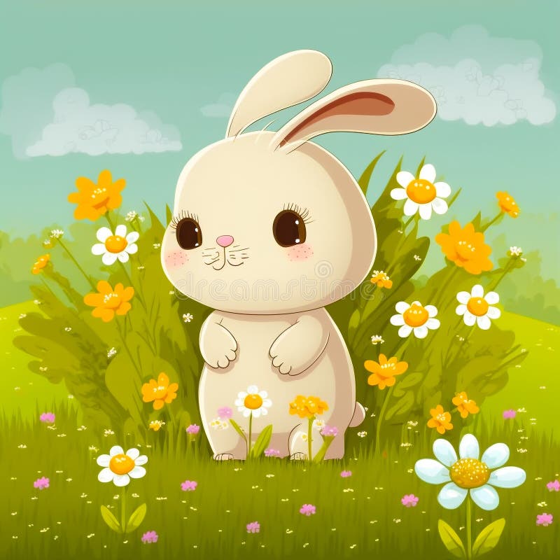 A Drawing of a Cute Bunny in a Meadow with Spring Flowers. Easter ...