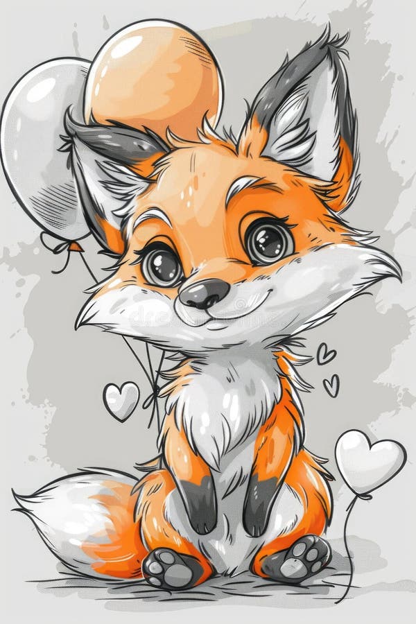 A Drawing of a Cute Fox with Balloons Stock Photo - Image of generated ...
