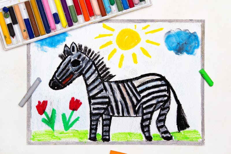 Drawing: Cute Smiling Zebra, Stock Photo - Image of crayon, hand: 143948946