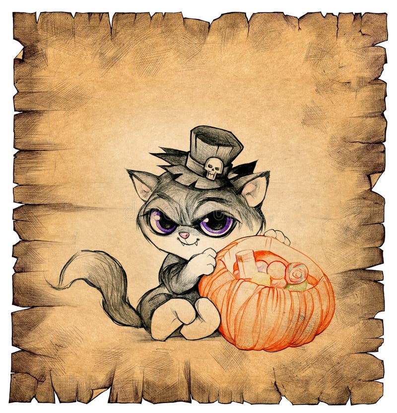 A Drawing of a Cute Vampire Cat Stock Illustration - Illustration of ...