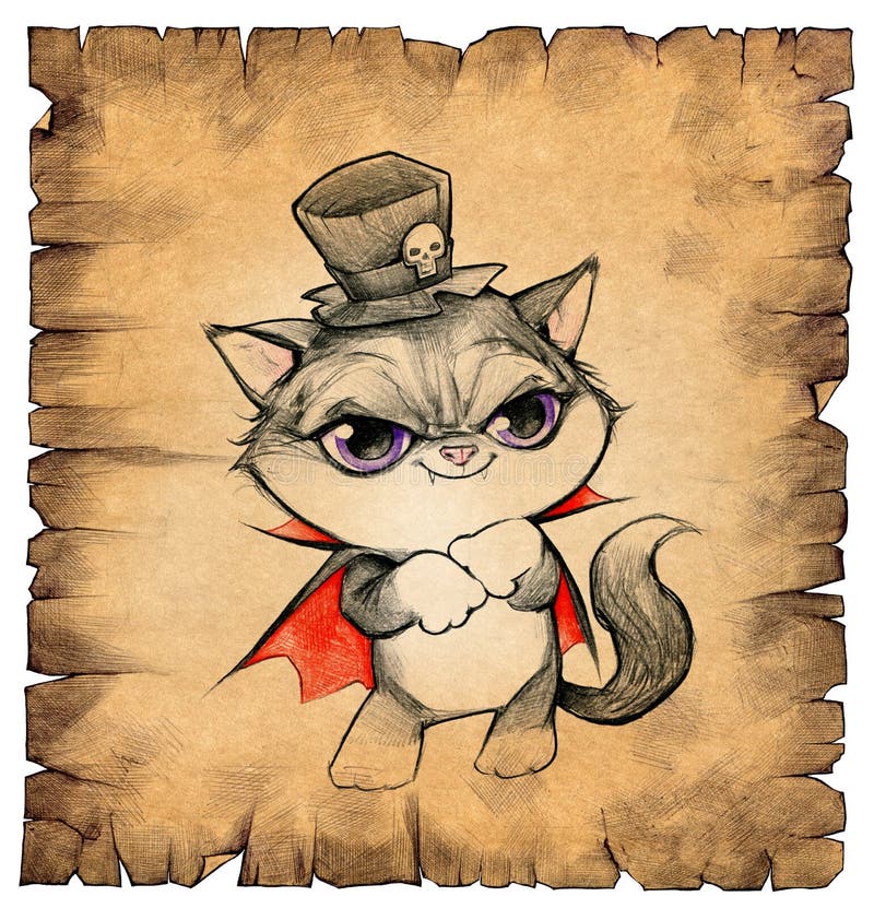 A Drawing of a Cute Vampire Cat Stock Illustration - Illustration of ...