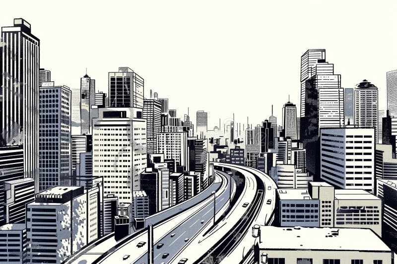 Cityscape with Highway and Skyscrapers Stock Illustration ...