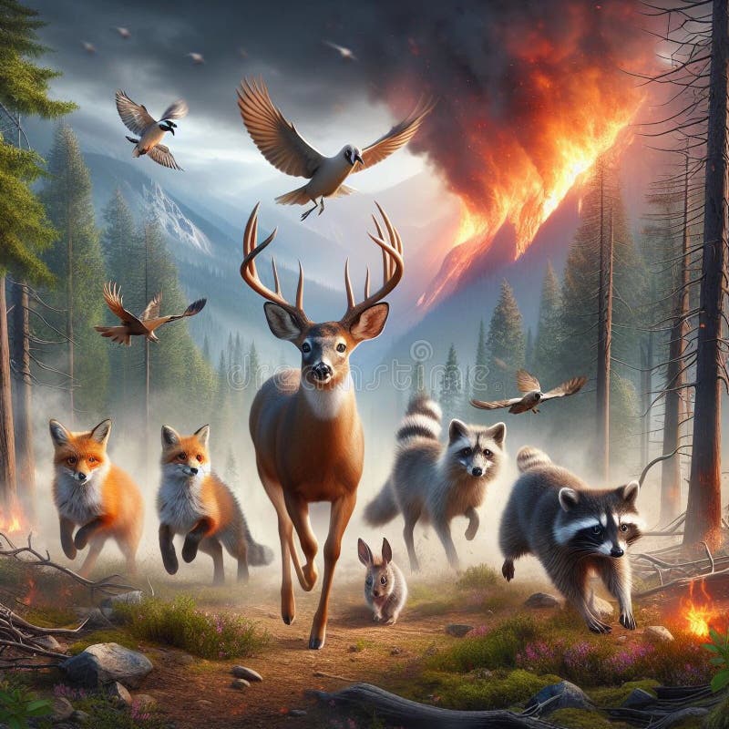 Drawing Depicting Forest Animals Running from a Forest Fire Stock ...