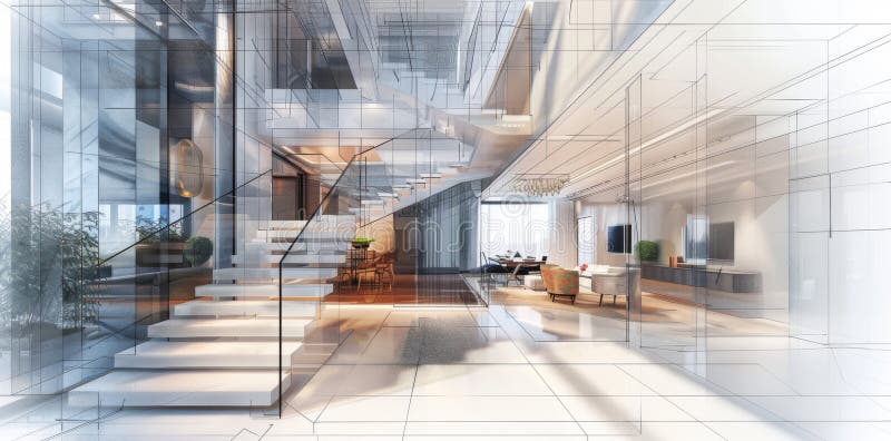 Drawing Depicting a Vast Living Area Highlighted by an Overhead ...