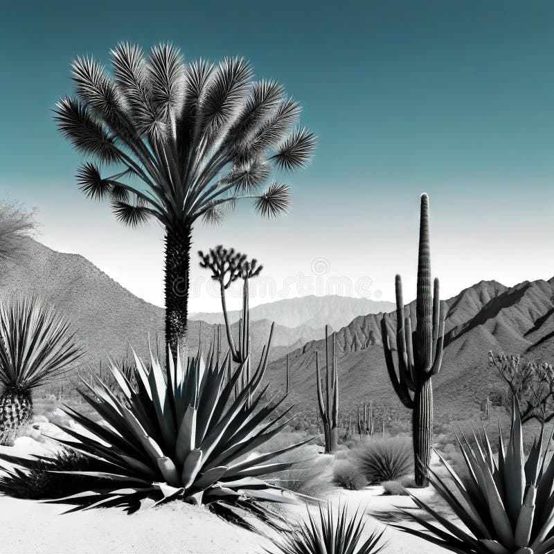 Drawing of Desert Scene with Cactus Trees and Mountains in the with ...