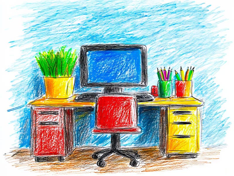 A Drawing of a Desk with a Computer and a Chair Stock Photo - Image of ...