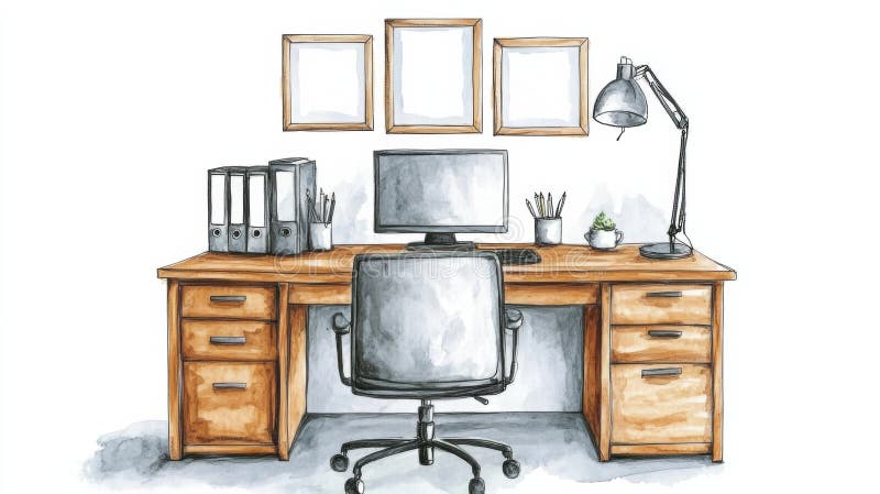A Drawing of a Desk with Computer and Lamp on it, AI Stock Image ...