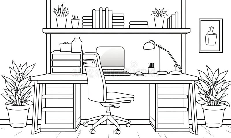 A Drawing of a Desk with a Computer on it Stock Illustration ...