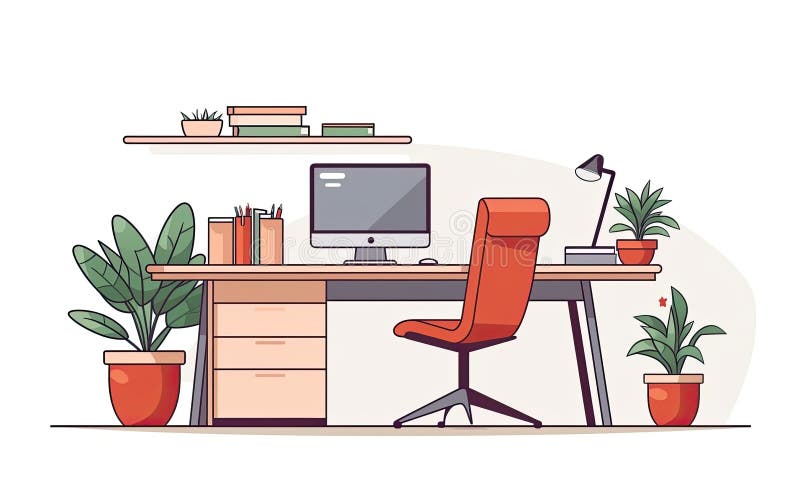 A Drawing of a Desk with a Computer on it Stock Illustration ...