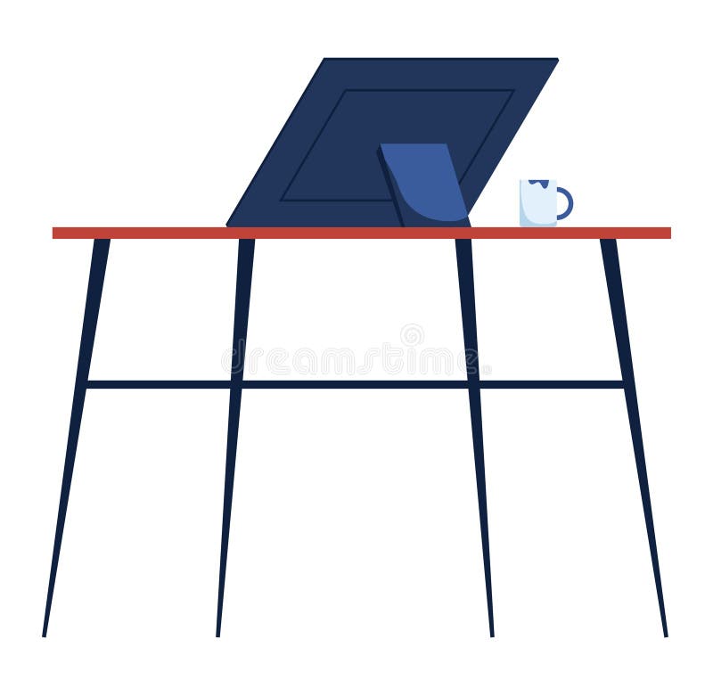 Drawing Desk with Open Laptop and Coffee Mug. Modern Work Table with ...