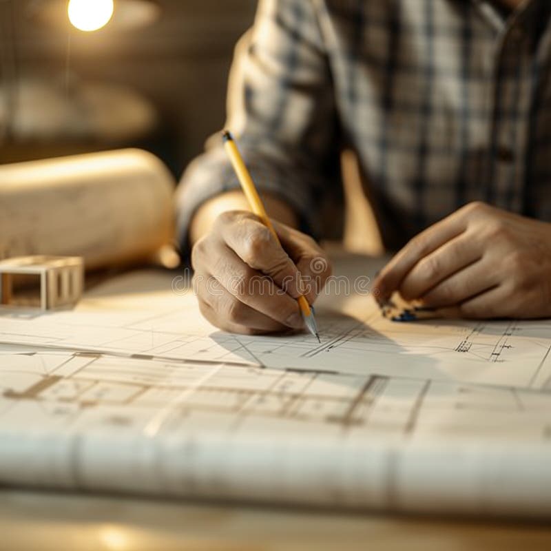 Drawing Detailed Building Plans Under Warm Lighting Stock Illustration ...