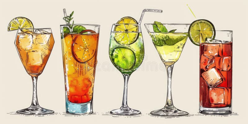 A Drawing of Different Cocktails, Perfect for Menu Designs Stock Image ...