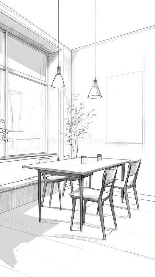 A Drawing of a Dining Room with a Table and Chairs Stock Illustration ...