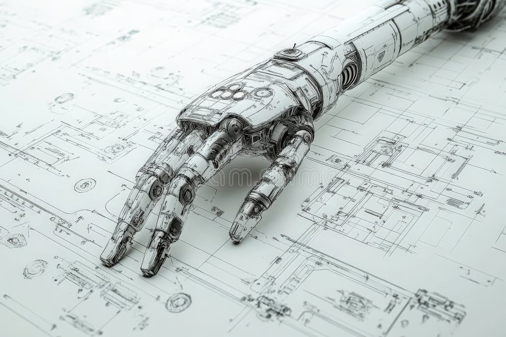 The Drawing Displays a Meticulously Designed Robotic Arm Rendered in a ...
