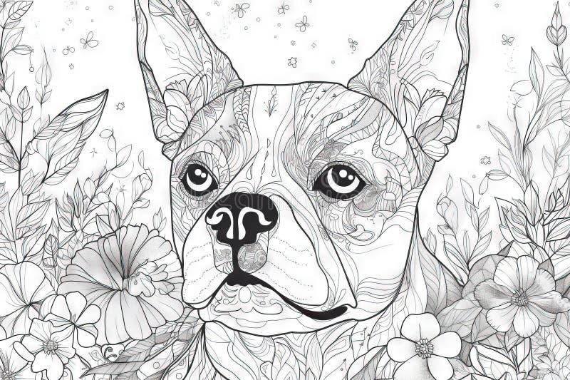 A Drawing of a Dog in a Field of Flowers and Daisies Stock Illustration ...