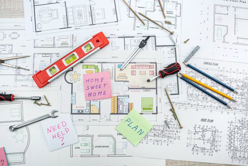 Drawing and Drafting Table with Drawing Tools Spread Out. Stock Photo ...