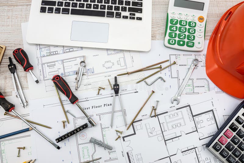 Drawing and Drafting Table with Drawing Tools Spread Out. Stock Image ...