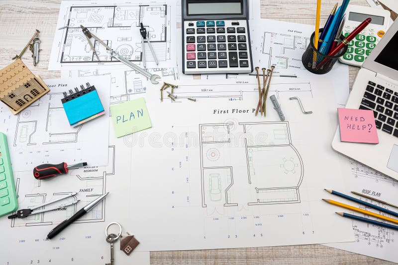 Drawing and Drafting Table with Drawing Tools Spread Out. Stock Image ...