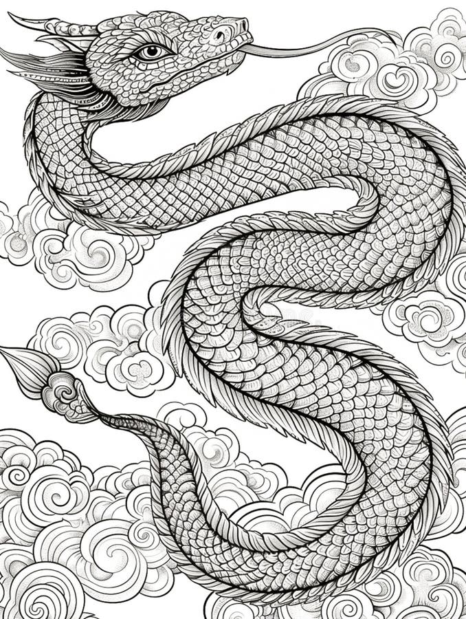 A Drawing of a Dragon with Clouds in the Background Stock Illustration ...