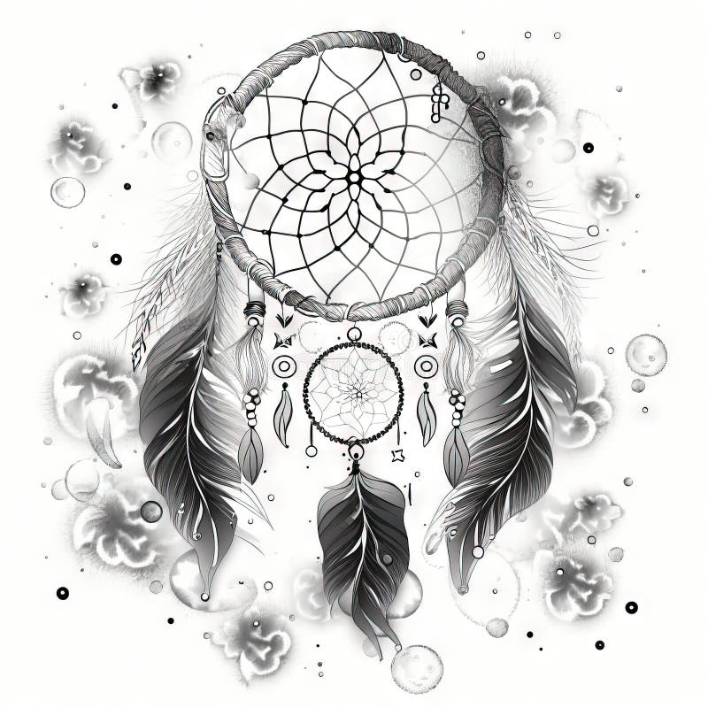 A Drawing of a Dream Catcher with Feathers and Bubbles on it S Side ...