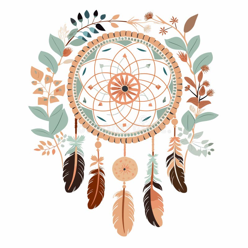 Drawing of Dream Catcher with Feathers and Leaves Around it on White ...