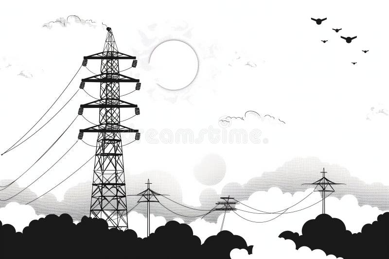 Drawing of Electric High Voltage Power Towers at Sunset - AI Generated ...