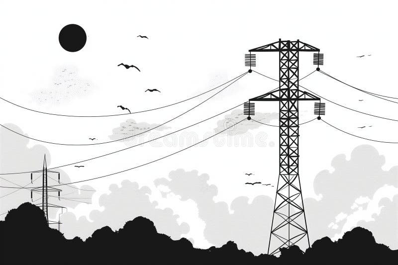 Drawing of Electric High Voltage Power Towers at Sunset - AI Generated ...