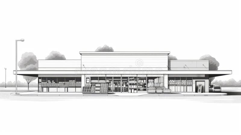 Architectural Precision: a Black and White Grocery Store Drawing Stock ...
