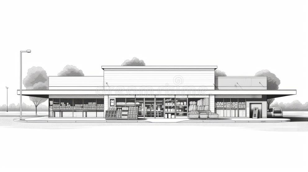 Architectural Precision: a Black and White Grocery Store Drawing Stock ...