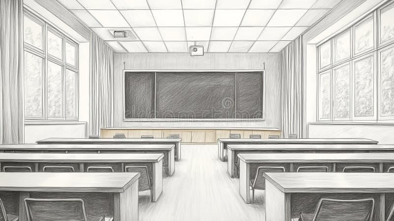 A Drawing of an Empty Lecture Hall Featuring a Big Screen Stock Image ...