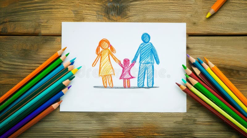 Drawing of a Family Drawn with Colored Pencils Stock Image - Image of ...