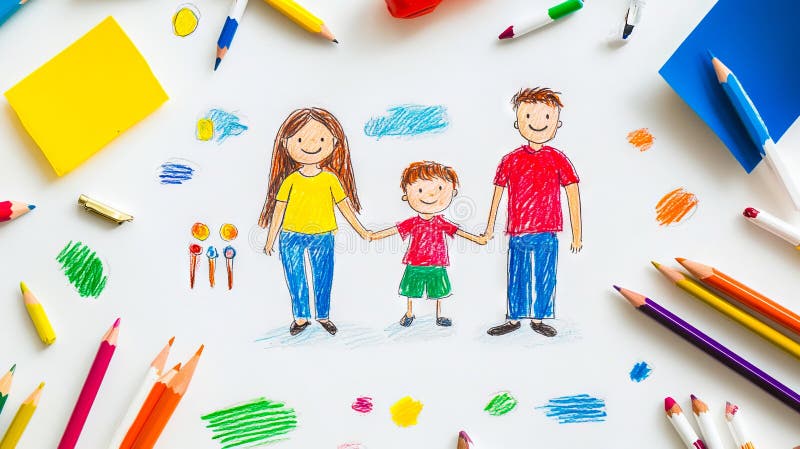 A Drawing of a Family Holding Hands Surrounded by Colored Pencils Stock ...