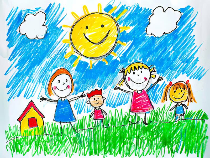 A Drawing of a Family with a Sun and House Stock Image - Image of ...